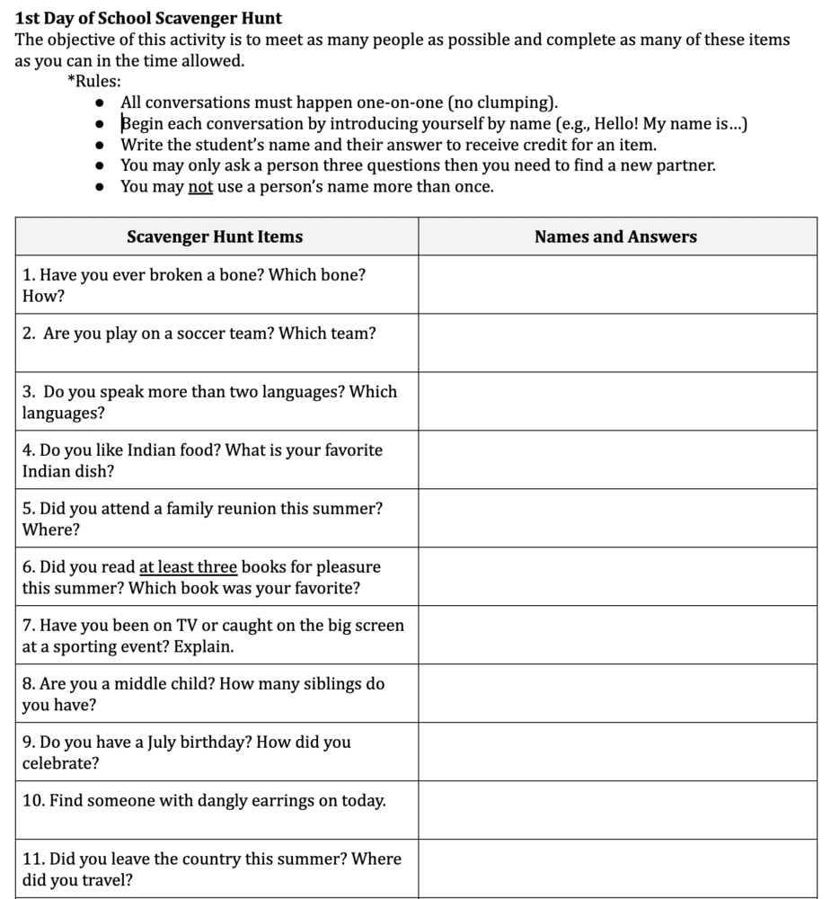 Scavenger Hunt Get Kids Talking On The 1st Day Of School