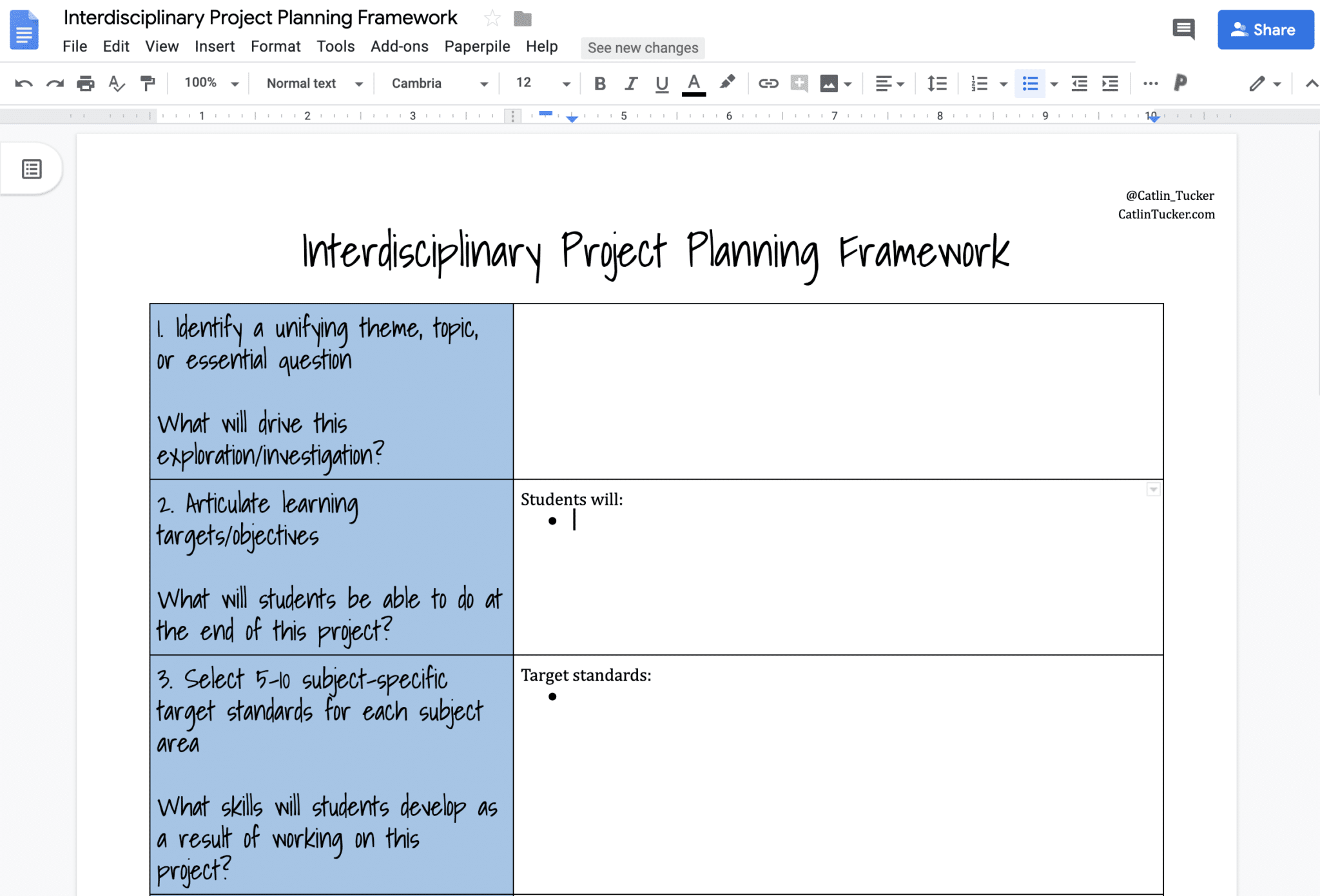 Interdisciplinary Project Planning Framework - Dr. Catlin Tucker